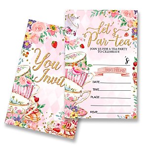 Tea Party Birthday Invitations Supplies Fill-In Set of 20 with Envelopes Pastel Tea Birthday Bash Invites Cards, Double Sided