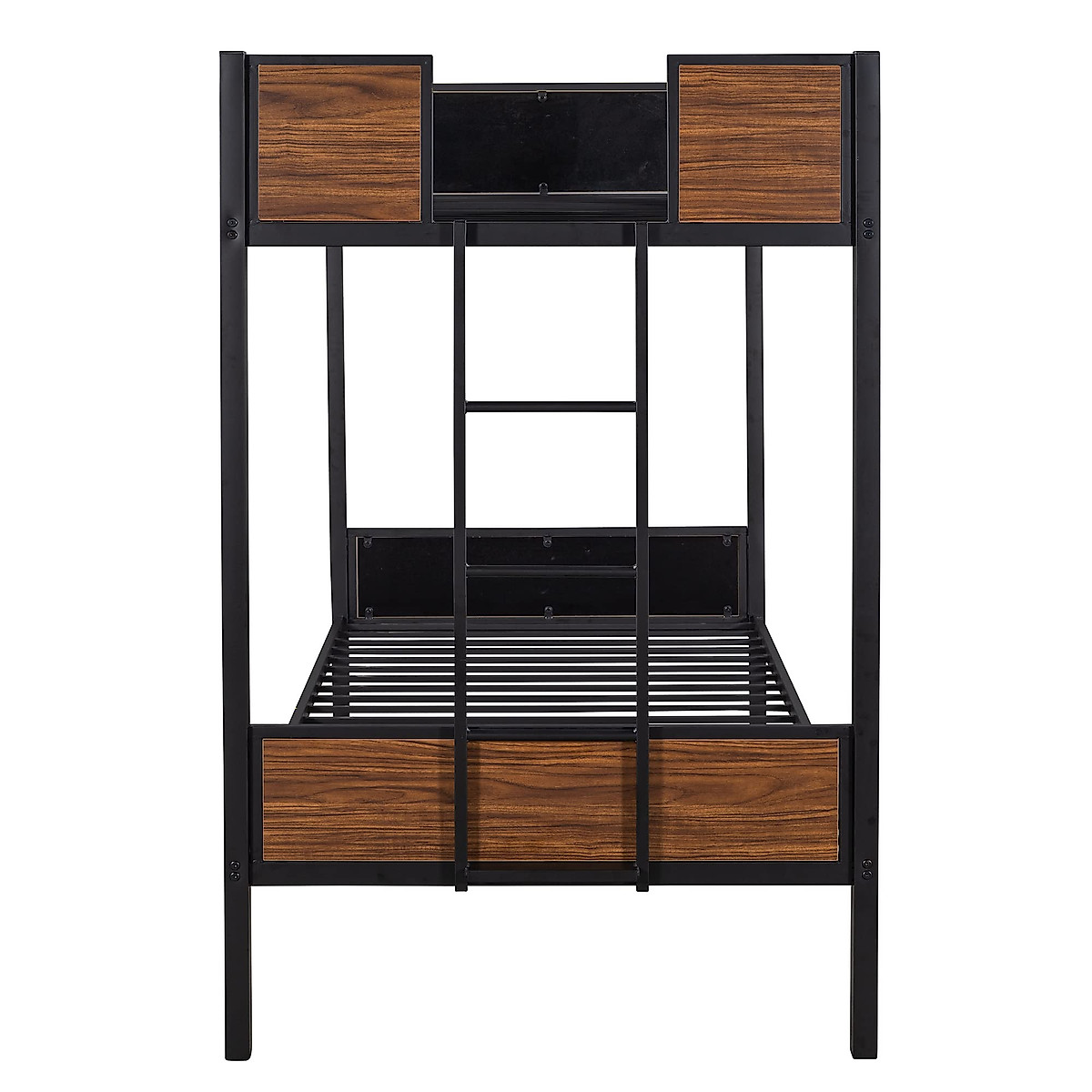 Twin over Twin Metal Bunk Bed, Modern Style Heavy-Duty Steel Frame Bunk Bed with Safety Rail, Built-in Ladder for Bedroom, Dorm, Boys, Girls, Adults (Black + Brown)