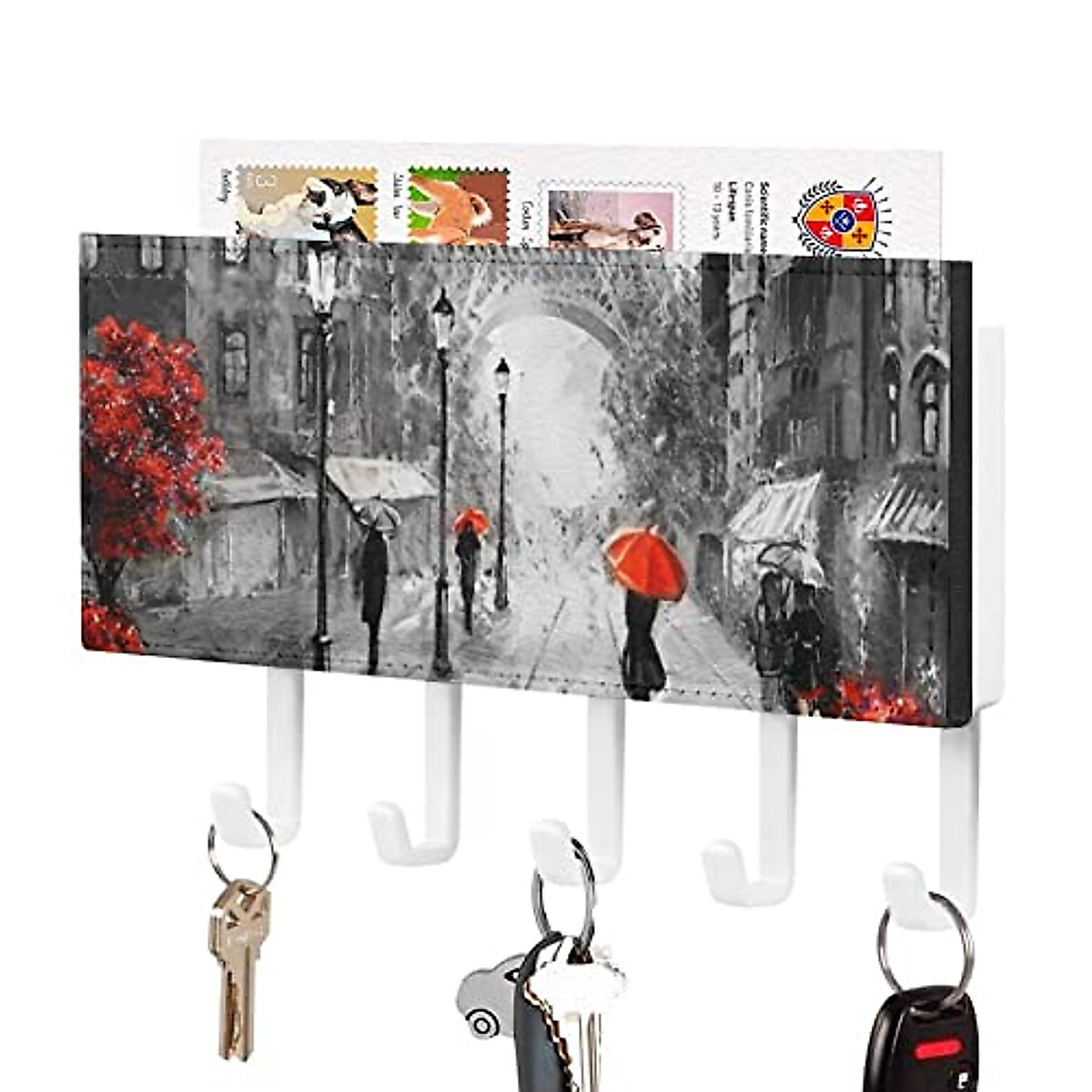 PutDiDi Paris Street Eiffel Small Key Holder for Wall Key Hanger Mail Holder Wall Mounted Decorative PU Key Rack with 4 Hooks for Living Room Bedroom Entryway Decor