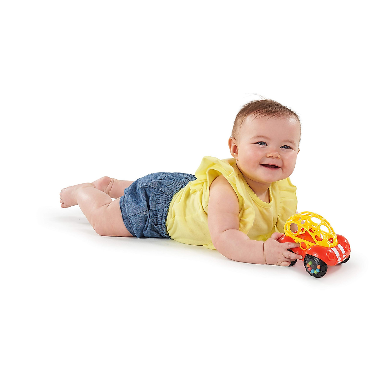 Bright Starts Oball Easy Grasp Rattle & Roll Buggie BPA-Free Push Car Infant Crawling Toy, 1 Pack, Age 3 Months and up, Red/Yellow