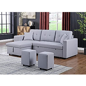 BIADNBZ Convertible Sleeper Sectional Sofa with Reversible Storage Chaise, Modern Linen Fabric L-Shaped Pull Out Couch w/2 Stools,for Living Room Apartment, Light Gray