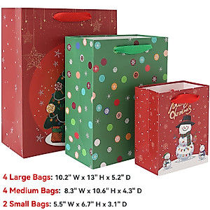 10-Pack Red Green Christmas Gift Bags Assorted Sizes with Handles(4 Large 13”, 4 Medium 10.6”, 2 Small 6.7”) Santa Claus, Snowman, Gift cart, Trees and Snowflake for Gifts, Decorations, Holiday Birthday, And Parties, 10 Pcs