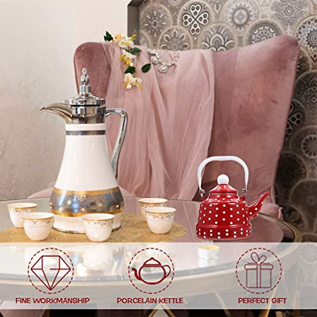 STOBAZA Tea Pot Tea Pot Tea Kettle Stovetop Ceramic Enameled Teapot Red Dot Tea Kettle Stainless Steel Water Boiling Pot for Kitchen Stovetop 1.7L Tea Pot Tea Kettle Stovetop Tea Kettle Stovetop