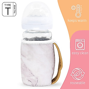 Milkboozii 9oz Baby Glass Bottle Sleeve Reusable with Handle Neoprene Holder Moisture, Non-Slip Grip Insulator Covers for Natural Philips Avent Bottle (T – Tall Wide, White Marble)