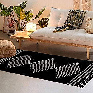 Boho Kitchen Rugs,2'x4.3' Washable Black Bathroom Rug Runner, Cotton Woven Tassels Diamond Soft Indoor Mat Hallways Carpet for Laundry Entryway