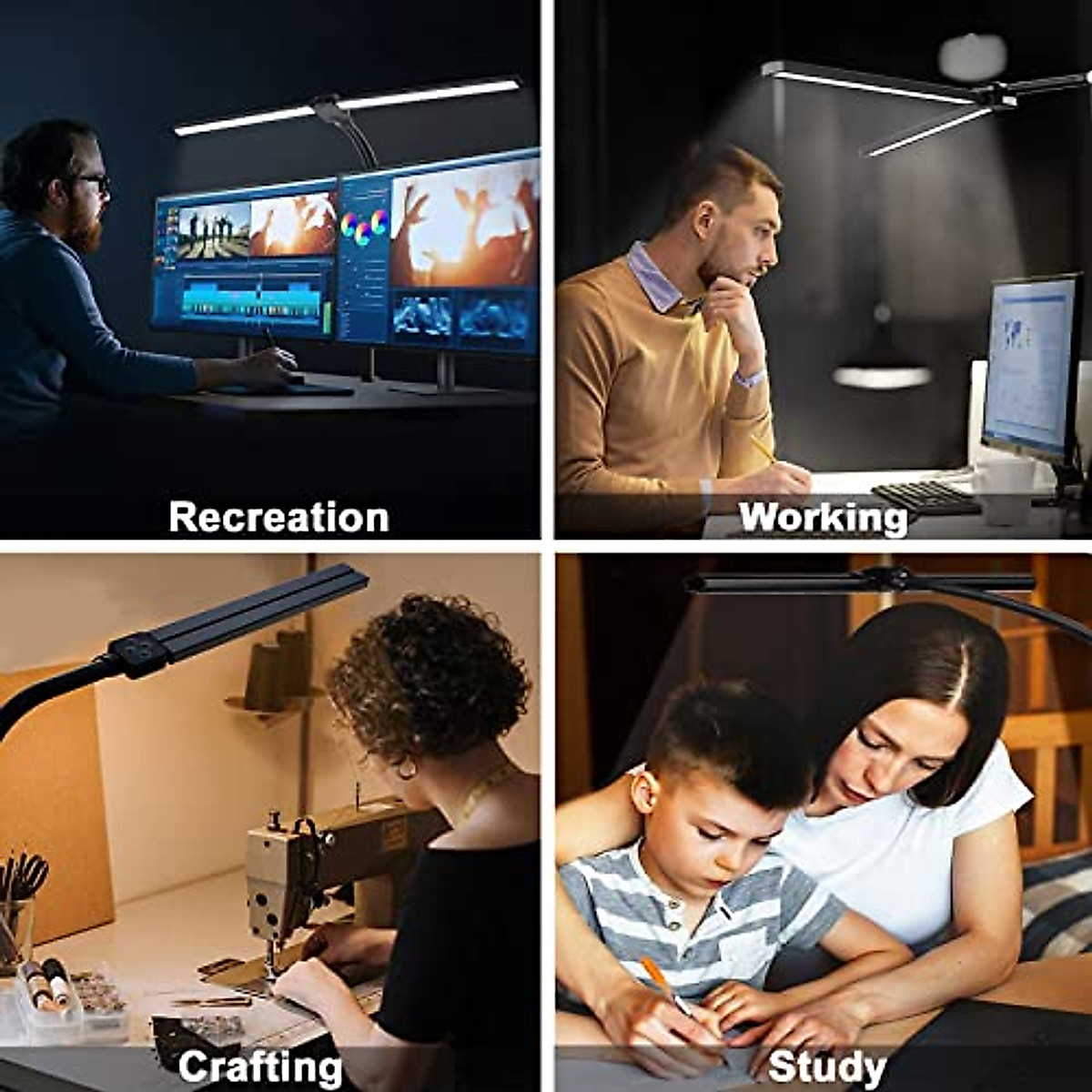 DUKTIG LED Desk Lamp, Double Head Computer Lamp, Bright Modern Desk Lamp - 5 Color Modes and 5 Dimmable, Tall Desk Lamps for Home Office, Studio, Gaming, Architect (24W, Square)