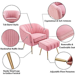 Altrobene Velvet Accent Chair, Modern Barrel Chair with Ottoman, Arm Pub Chair for Living Room/Bedroom/Nail Salon, Blush Pink, Golden Finished, Suitable for Small Spaces