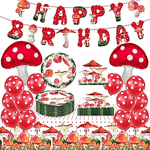 44 PCS Mushroom Birthday Party Decorations, Mushroom Party Favors Supplies Mushroom Birthday Banner Mushroom Balloons Mushroom Tablecloth Mushroom Plates and Napkins for Kids Boys Girls Baby Shower
