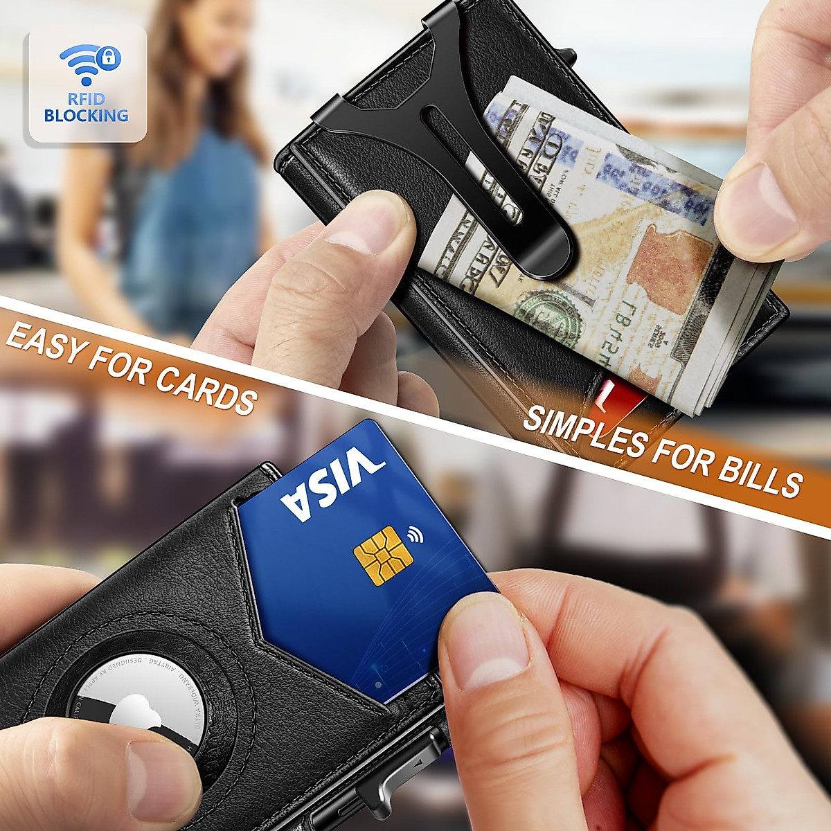 BULLIANT Money Clip Wallet,Mens Gift Slim Wallet Credit Card Holder Airtag&Standard Use 9Cards-Metal Case in Magnetic Flip Shell