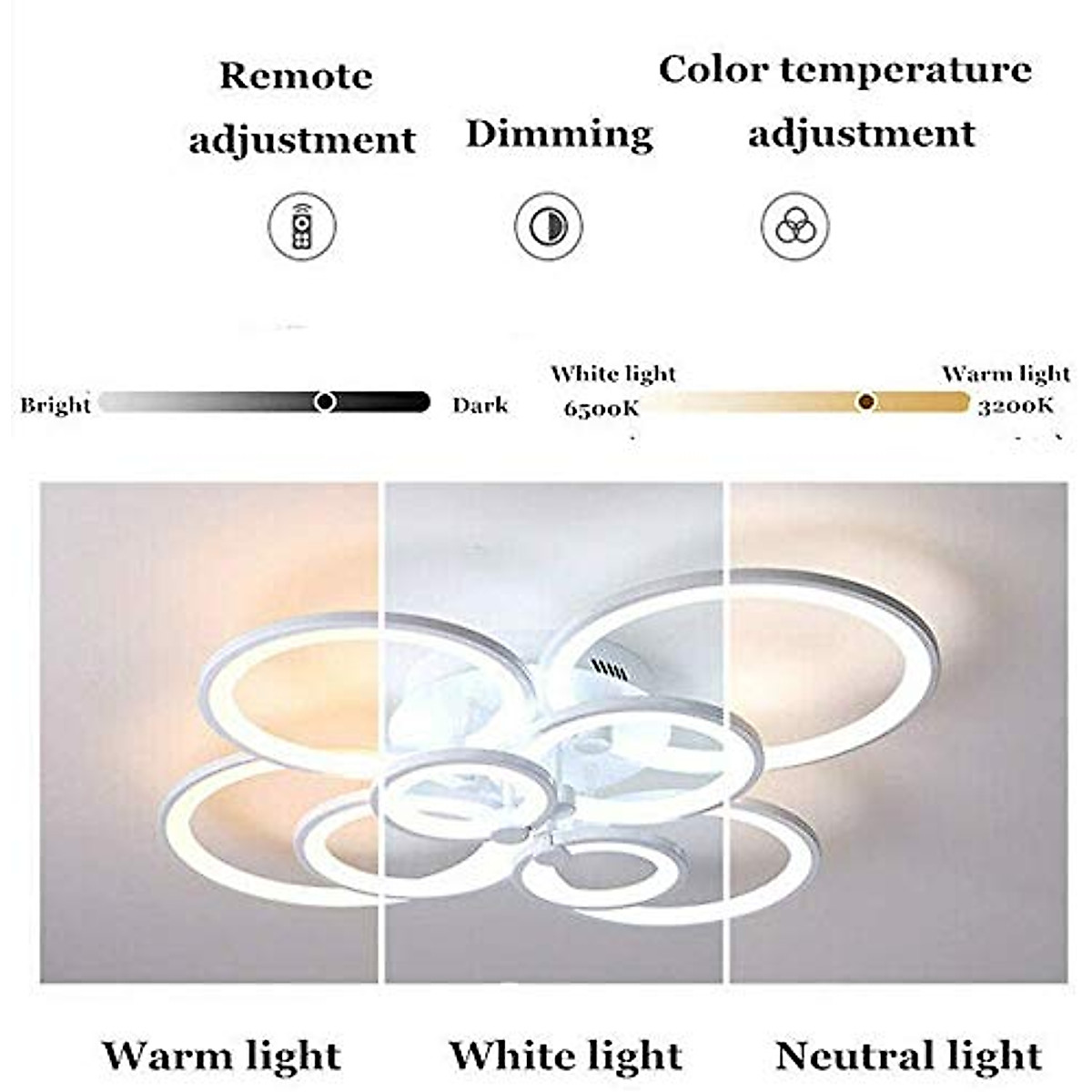 LED Dimmable Ceiling Light Modern Ring Circle Flush Mount Ceiling Lamp Acrylic Lampshade Chandelier Bedroom Kitchen Living Room Interior Decorative Lighting Fixture,8 rings/41.73×30.7×7.5in/120w