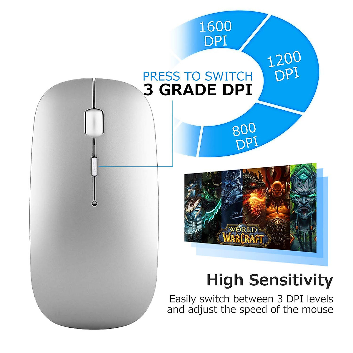 Bluetooth Wireless Mouse, Dual Mode Slim Rechargeable Wireless Mouse Silent Cordless Mouse with Bluetooth 4.0 and 2.4G Wireless, Compatible with Laptop, PC, Windows Mac Android OS Tablet (Silver)