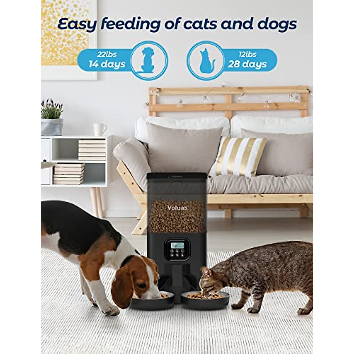 Voluas Automatic Cat Feeders for Two Cats, Double Pet Feeder with 2 Stainless Steel Bowls,6L Timed Cat Feeder with Memory Function, Pet Food Dish