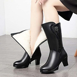 Duberess Women's Wool Lined Warm Winter Anti Slip Zip Chunky Heel Fashion Classic Mid-calf Boots (Black2, 9)