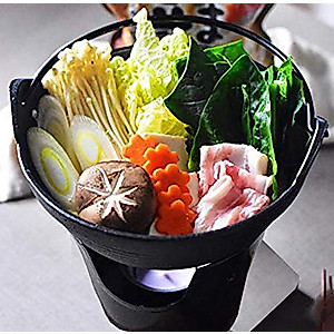 Happy Sales HSNBS-IRORI, Japanese Style Single Serving Shabu Shabu Pot Pan Hot Pot Sukiyaki Pan Irori Nabe Pot with Wooden Lid and Cooking Stove 32 fl. oz 7" Diameter