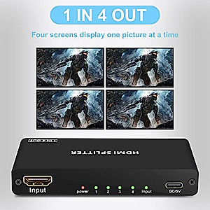 HDMI Splitter 1 in 4 Out, 4K@30HZ 1x4 HDMI Splitter for Full HD 1080P 3D Splitter, Supports HDCP1.4,Compatible with PS4 Fire Stick HDTV (with HDMI Cable)