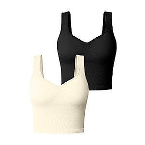 OQQ Women' 2 Piece Tank Tops Seamless Workout Exercise Shirts Padded Sports Bra Yoga Crop Tops Black Beige