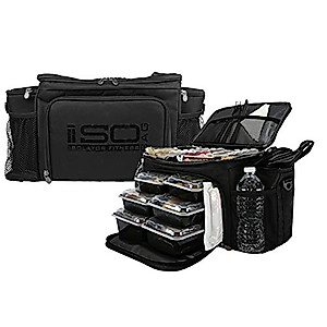 Meal Prep Lunch Box ISOBAG - Large Insulated 6 Meal Prep Bag/Cooler with 12 Containers, 3 Ice Packs & Shoulder Strap (Blackout) - Made in USA