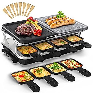 Voohek Korean BBQ Grill Raclette Table Grill Hibachi Electric Indoor Grill 2 in 1 Non-stick Grilling Plate and Natural Cooking Stone Adjustable Temperature 8 Raclette Pans 8 Wooden Spatulas 1300W