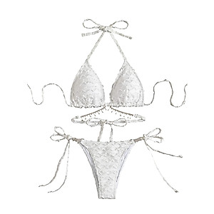 WDIRARA Women's Lettuce Trim Rhinestone Halter Triangle Bikini Set 2 Piece Swimsuit White S