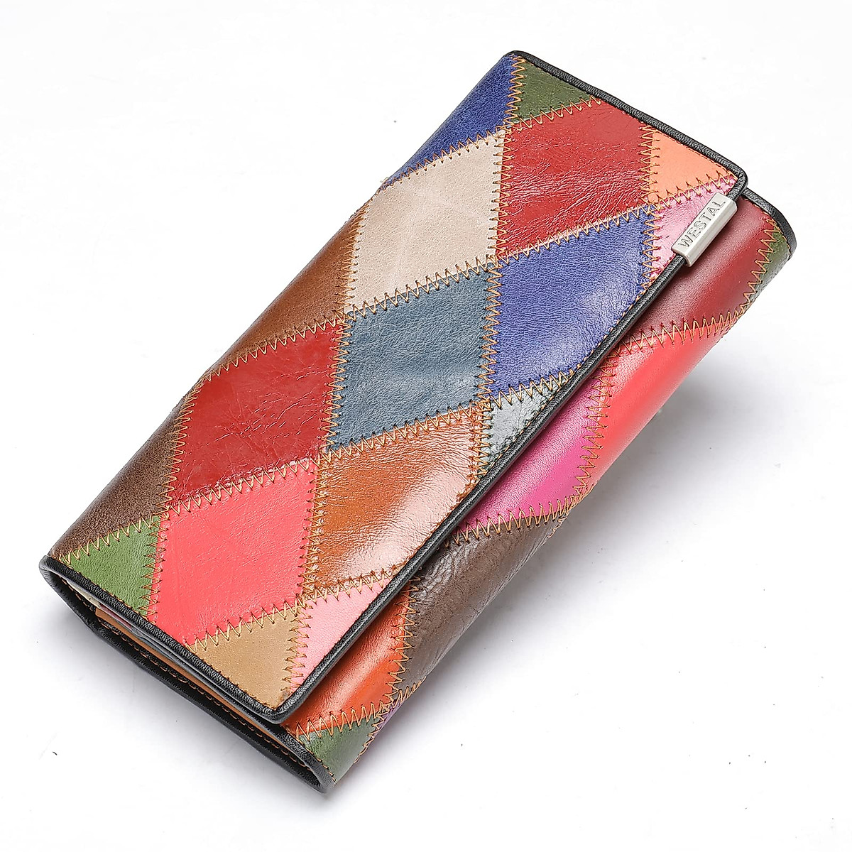 MASIWEI Genuine Leather Folded Wallet for Women Credit Card Holder RFID Blocking Cell Phone Pouch Patchwork Style (Rhombus-1)