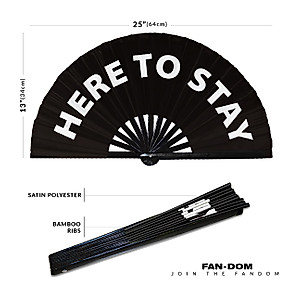 Here To Stay hand fan foldable bamboo circuit hand fan funny gag slang words expressions statement gifts Festival accessories Rave handheld Circuit event fan Clack fans (Black)