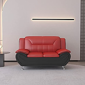 Container Furniture Direct S5732-L Modern Style Faux Leather Loveseat with Extra Comfortable Pillow Top Armrests Ideal for Living Room, Bedroom or Home Office Couch, 61.3’’ Wide, red/Black