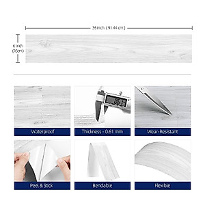 FunStick 6"x36" 15 Tiles Natural Wood Peel and Stick Floor Tile White Wood Vinyl Plank Flooring Peel and Stick Wood Planks for Walls Waterproof Stick on Laminate Flooring Tiles for Bathroom Bedroom RV