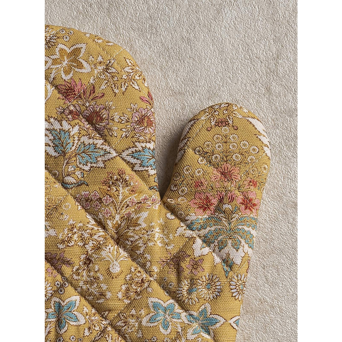 Maison d' Hermine Oven Mitt & Pot Holder 100% Cotton Set of Heat Resistant Oven Gloves (7.5"x13") & Hot Pads (8"x8"), BBQ, Cooking, Baking, Grilling, Marquise - Spring/Summer