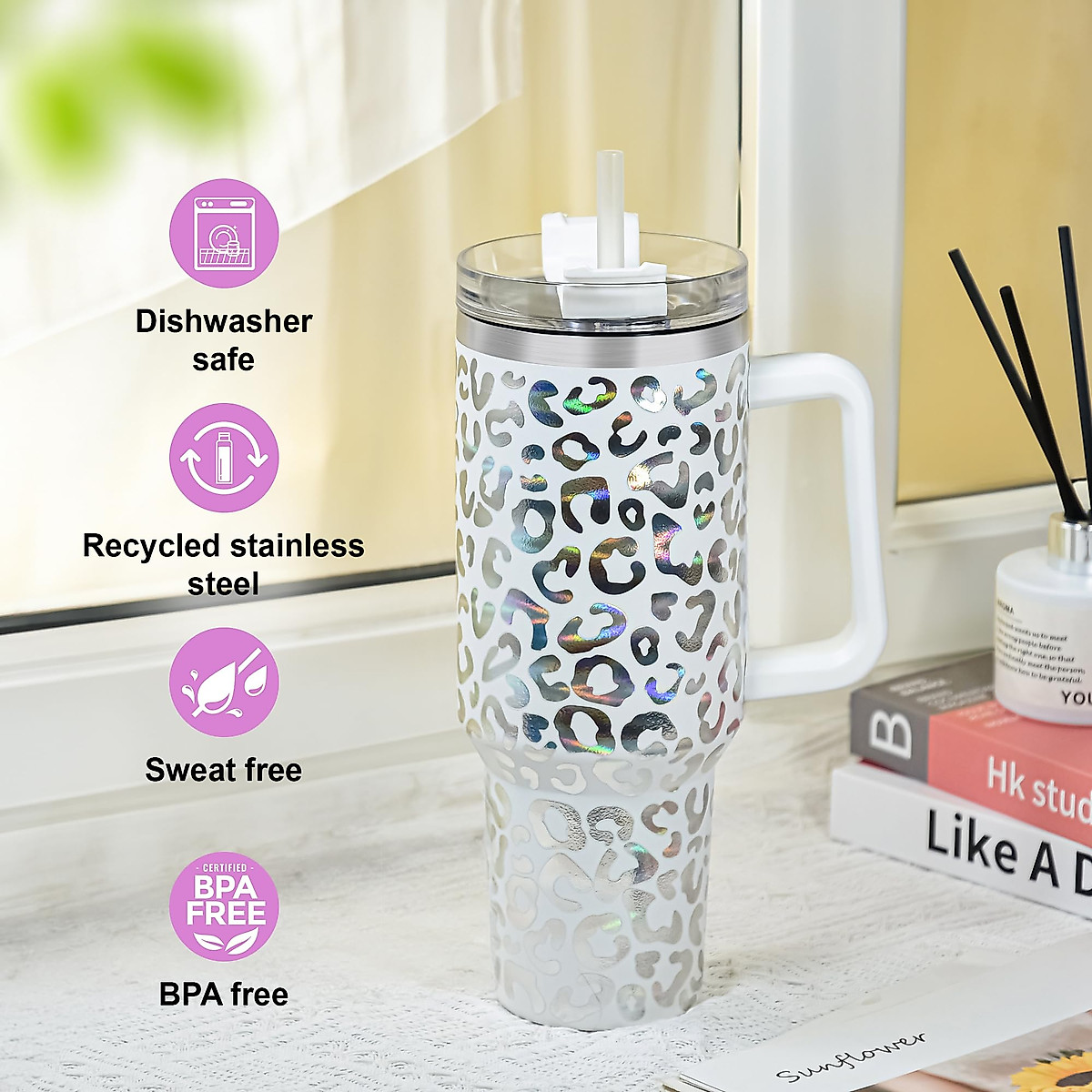 FECBK 40 oz Tumbler with Handle and Straw, 100% Leak-Proof Travel Mug, Stainless Steel Double Wall Vacuum Insulated Coffee Cup Keeps Cold For 34 Hours, Dishwasher Safe, Lavender Rose Leopard