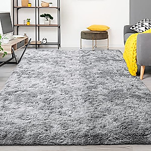 FlyDOIT Large Area Rugs for Living Room, 4x6 Feet Tie-Dyed Light Grey Shaggy Rug Fluffy Throw Carpets, Ultra Soft Plush Modern Indoor Fuzzy Rugs for Bedroom Girls Kids Nursery Room Dorm Home Decor