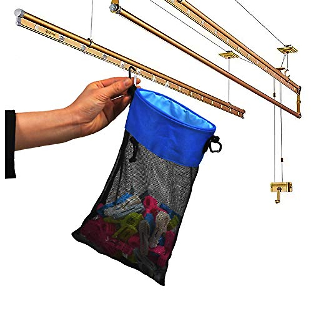 XQBAG Mesh Clothespin Bag, Large-Capacity Clothespin Storage Organizer with Hooks, Multi-Purposes Storage Mesh Bag Drawstring Closure Bag (Blue)