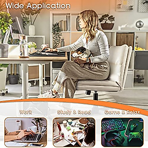 PUKAMI Armless Desk Chair No Wheels,PU Leather Criss Cross Legged for Home Office,Modern Swivel Vanity,Mid-Back Computer Chair,Height Adjustable Wide Seat Task Chair (Beige)