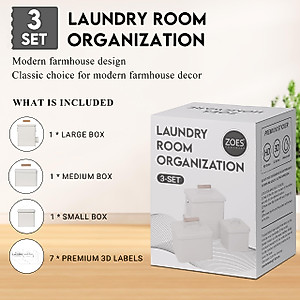 ZOES HOMEWARE 3-Set Laundry Room Organization and Storage | Modern Farmhouse Laundry Room Decor | Laundry Container for Organizing Laundry Pods, Laundry Powder, Dryer Sheets, Dryer Balls