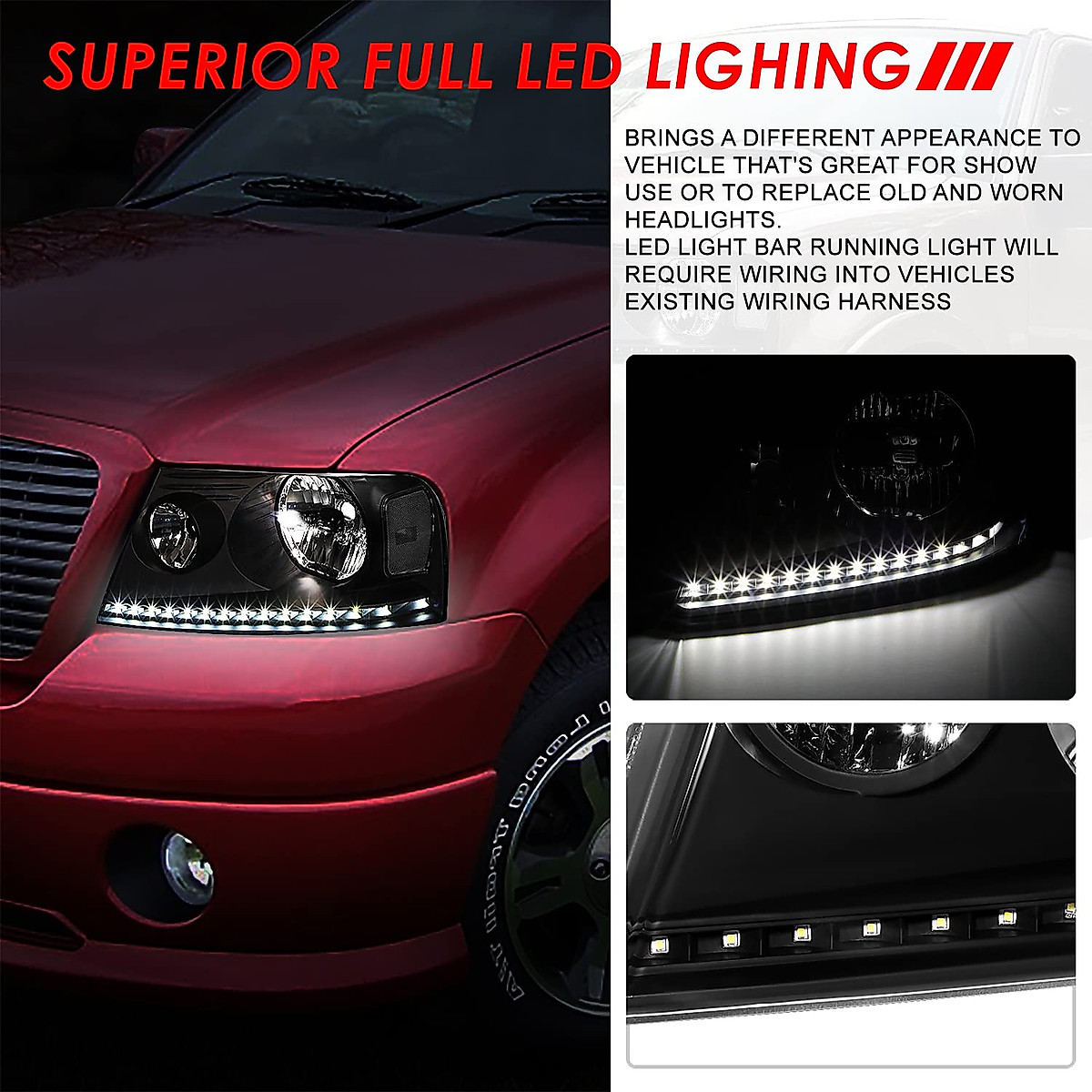 Auto Dynasty LED DRL Headlights Assembly Compatible with Lincoln Mark LT 2006-2008 Ford F-150 2004 2005 2006 2007 2008, Driver and Passenger Side, Black Housing Clear Lens