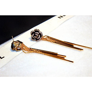 Rhinestone Pendant Black Rose Floral Tassel Earrings