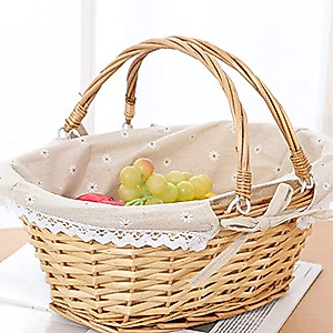 NUOBESTY Oval Willow Basket Wicker Woven Basket, Multipurpose Natural Willow Basket with Handle Premium Linen Cotton Cloth Lining for Storage and Decoration