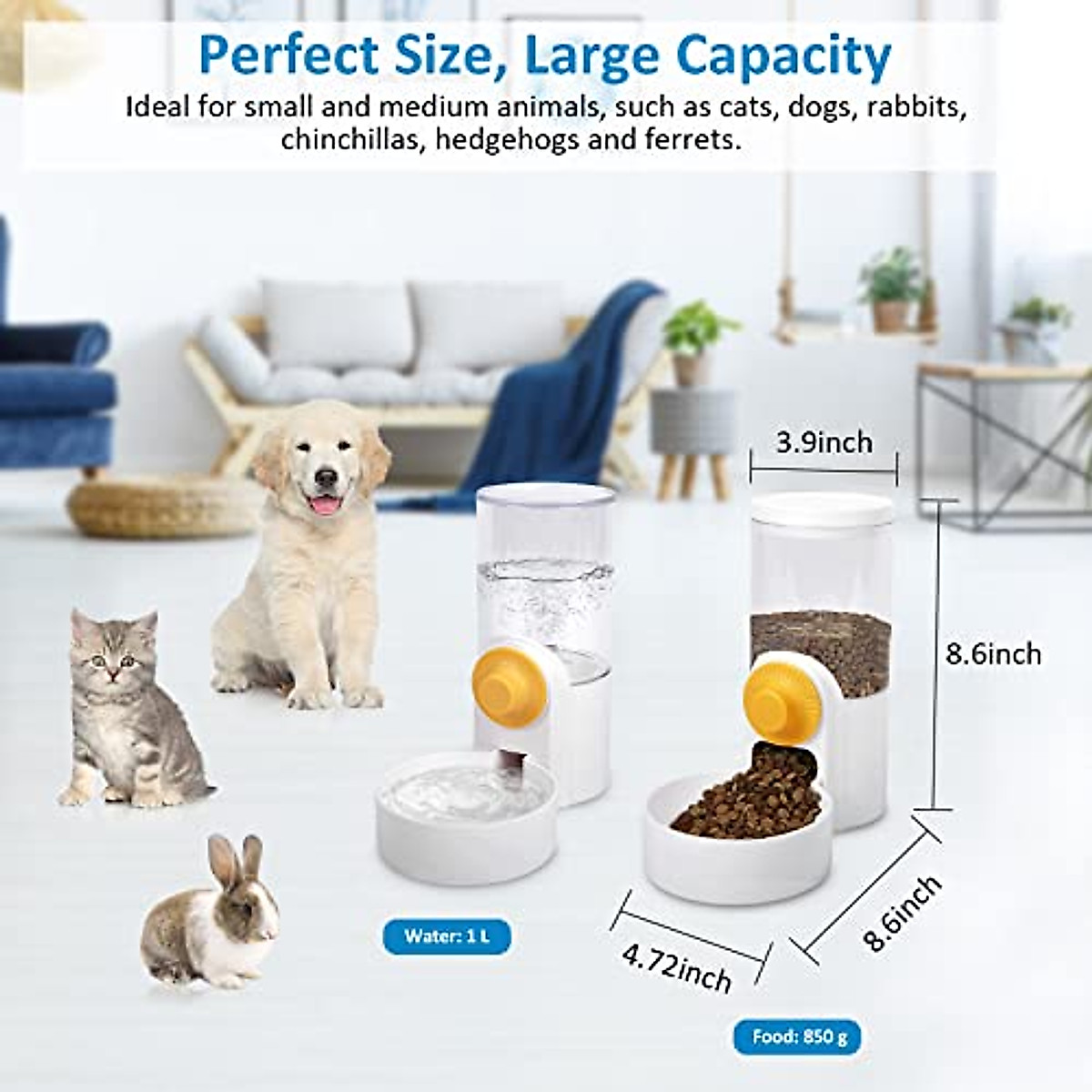 DricRoda Pet Feeder Waterer Hanging Dog Cat Food Water Dispenser, Automatic Gravity Feeder Waterer Set for Cage Pets, Travel Food Water Bowl Rabbit Feeder for Ferret Small and Medium Animals, White