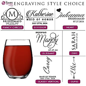 Monogrammed Stemless Wine Glass - Personalized Engraved Bridesmaid Maid of Honor Wedding Party Gift