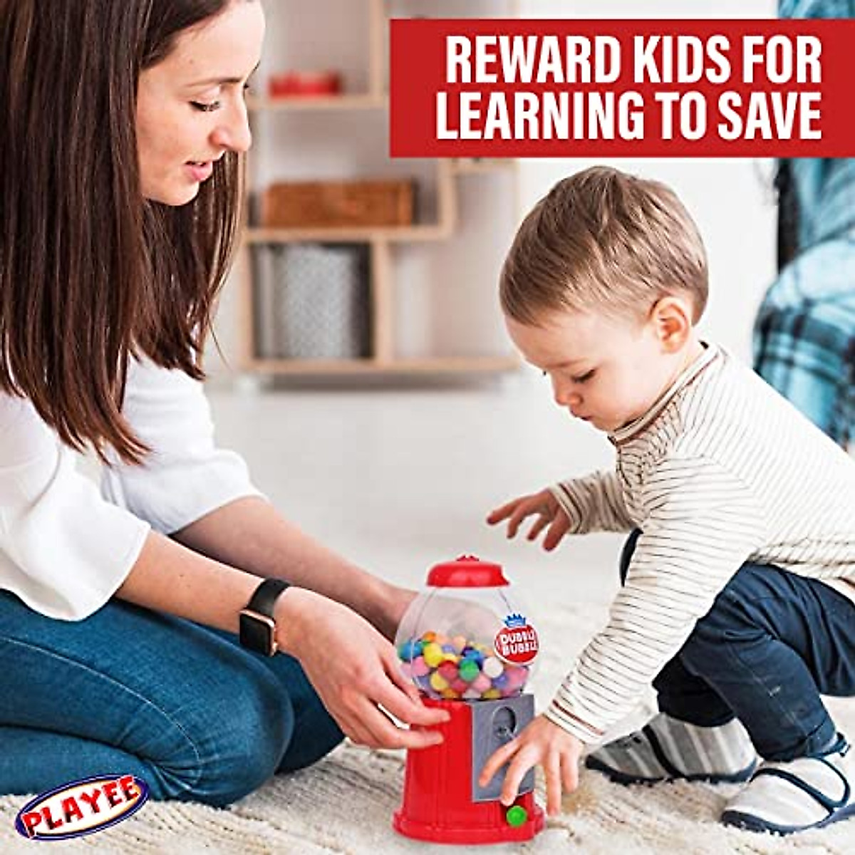 PLAYEE Classic Style Gum Machine – Gumball Machine for Kids – Candy Bank with 45 Colorful Gum Balls – 8.5” Candy Dispenser for Boys and Girls