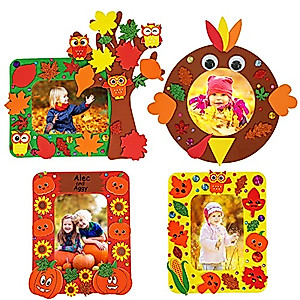 Winlyn 12 Sets Fall Thanksgiving Craft Kits DIY Thanksgiving Picture Frame Decorations Art Sets Tree Smile Face Pumpkin Autumn Leaf Owl Turkey Foam Stickers Arts and Crafts for Kids Party Activities