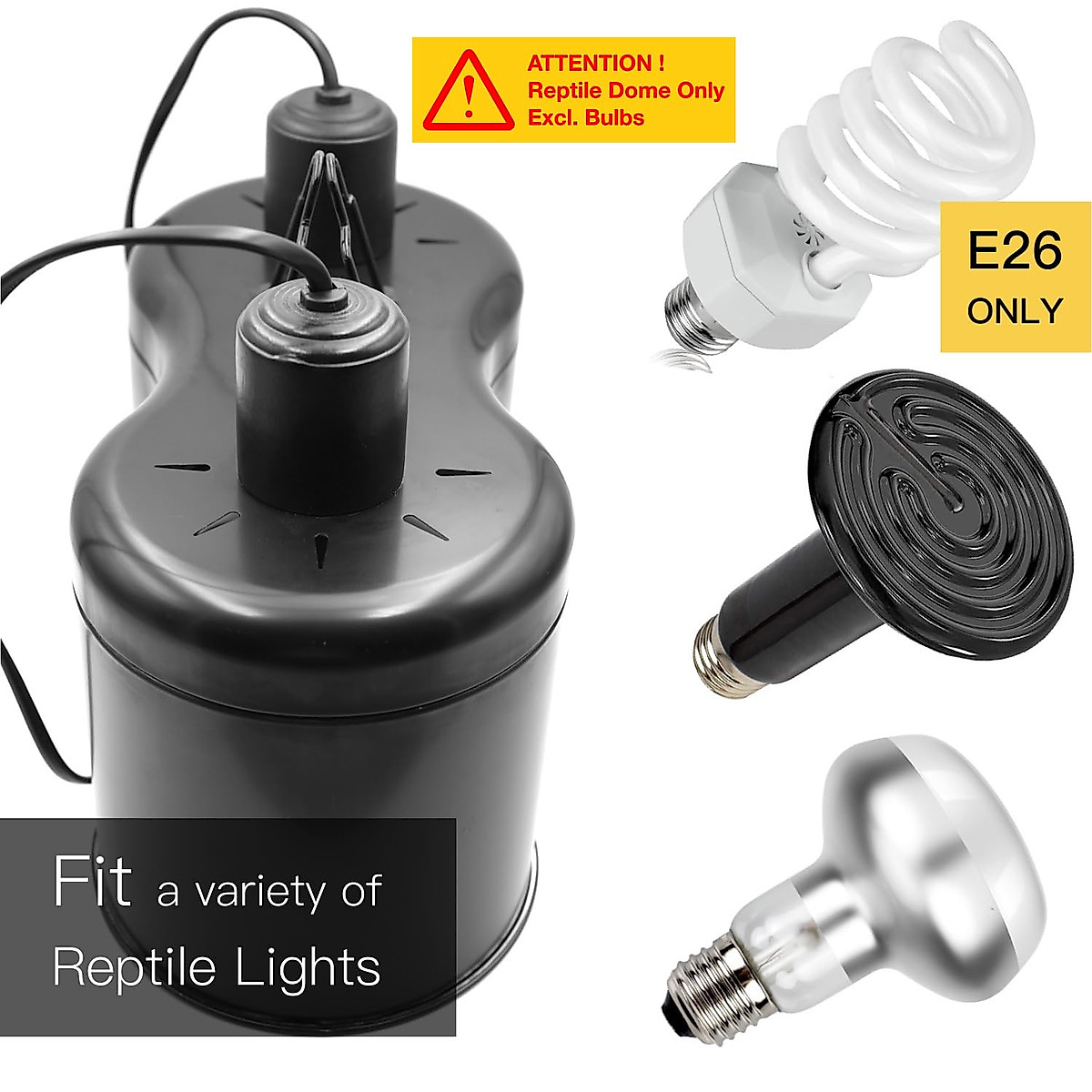 ReptiKing Reptile Dual Dome 12inch, Fits Reptile Light/Heat Lamp/UVB Light, Max. 160W each,Patent Design K8561, Reptile Light Fixture