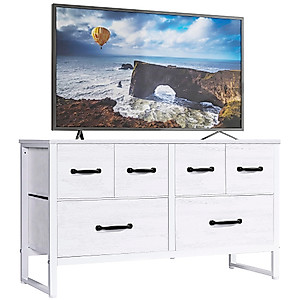LYNCOHOME Dresser TV Stand, White Dresser for Bedroom with 6 Drawers,Wide Dresser with Sturdy Frame & Wood Top for Storage in Bedroom,Entryway,Hallway