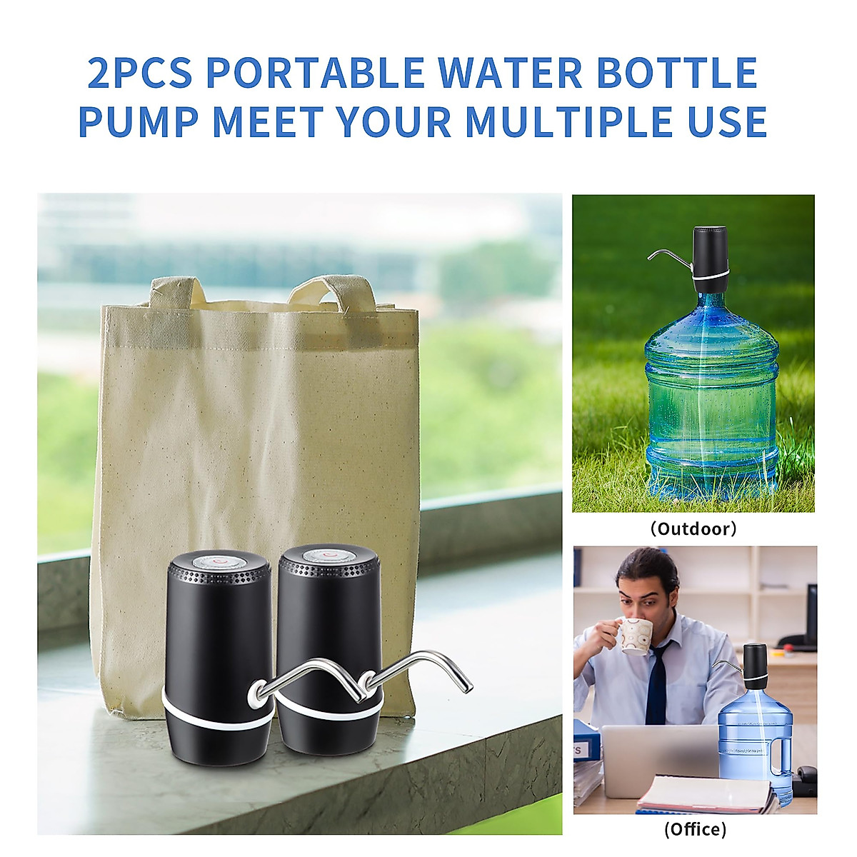 2 Pack Water Dispenser Pump for 5 Gallon Bottle, Electric Automatic Drinking Water Bottle Dispenser with Switch, Portable USB Charging Drinking Water Jug Pump for Camping, Kitchen, Home, Office