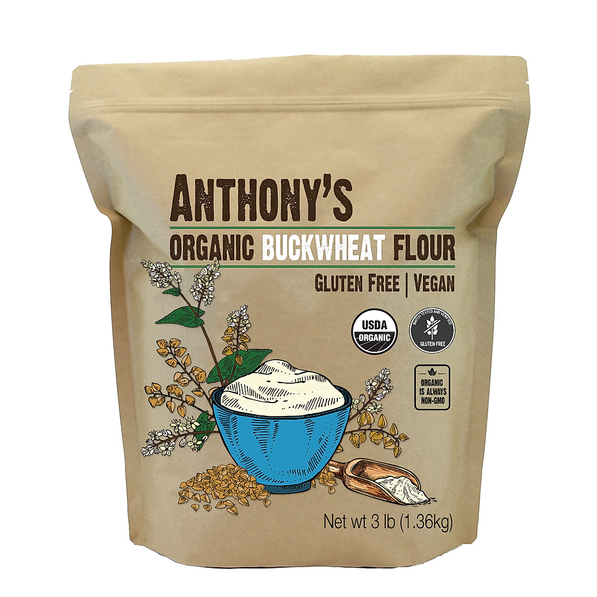 Anthony's Organic Buckwheat Flour, 3 lb, Grown in USA, Gluten Free, Vegan