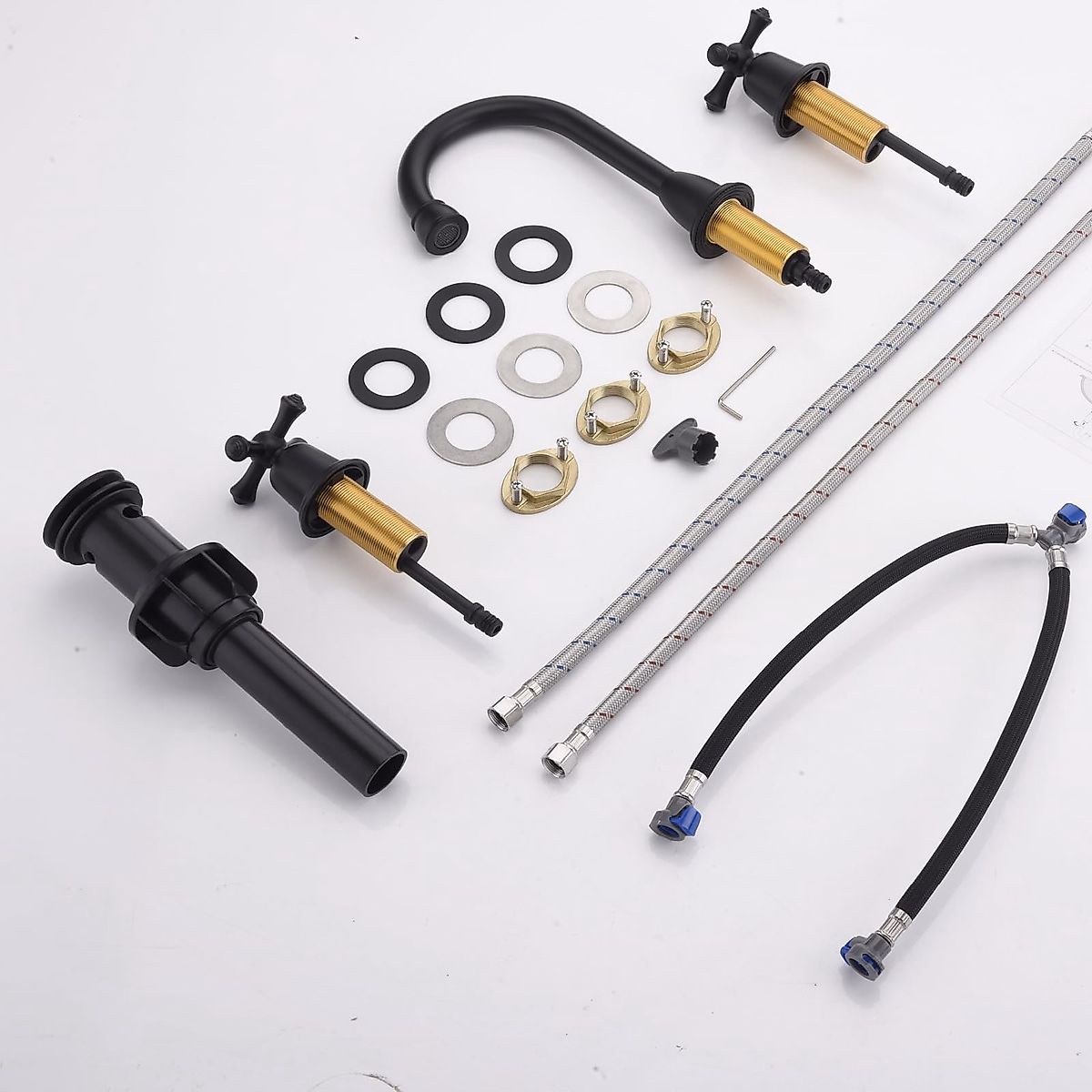 RKF Bathroom Faucets for Sink 3 Hole Matt Black 8 inch Widespread Bathroom Sink Faucet with Drain 2 Handles Cross Knobs Faucet Bathroom Vanity Faucet Basin Mixer Tap Faucet with Hose & Deck CWF039-MB