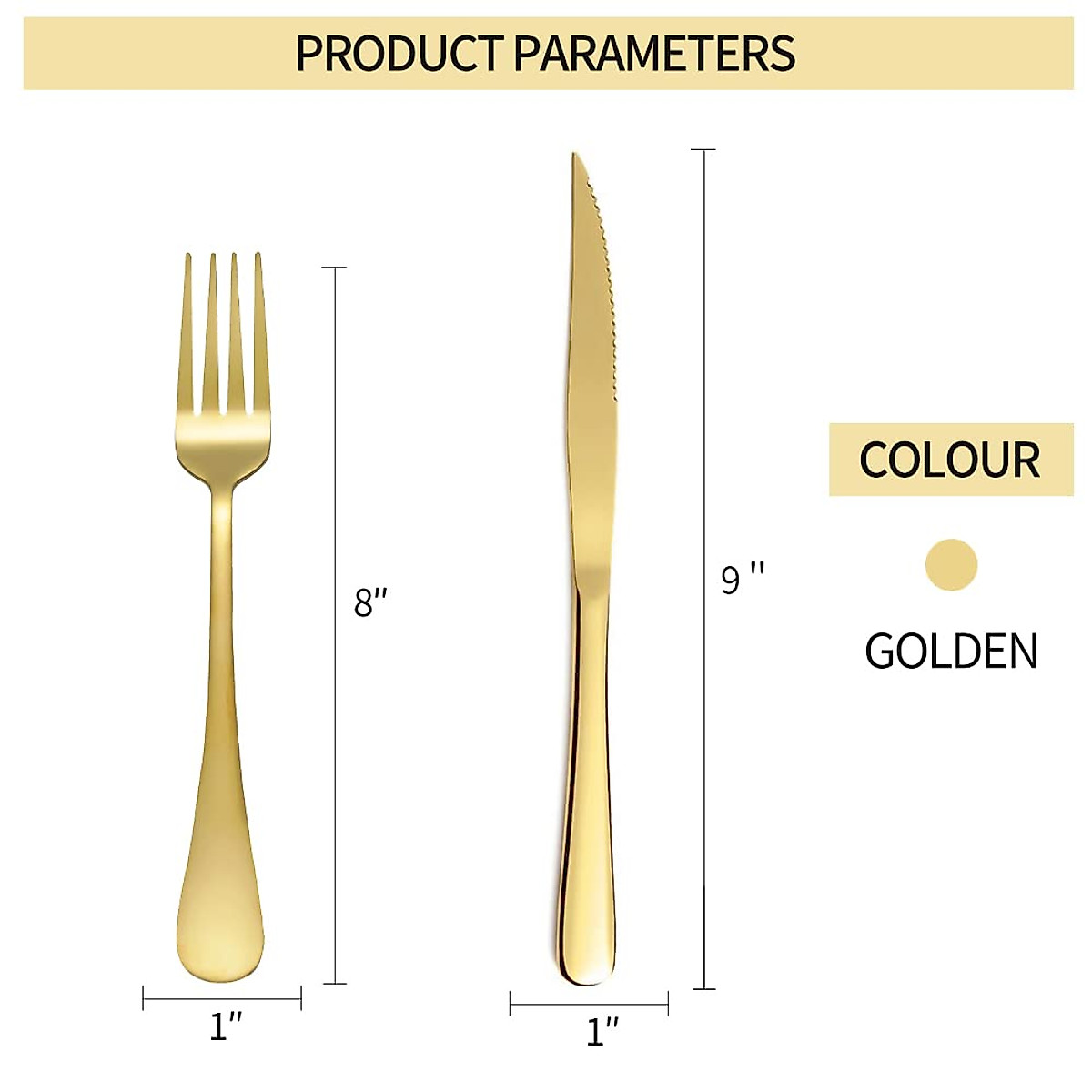 Rygten QU 12-piece Gold Steak Knives Set, Fork And Knife Set For 6, Stainless Steel Knife Set Of 12, Dishwasher Safe