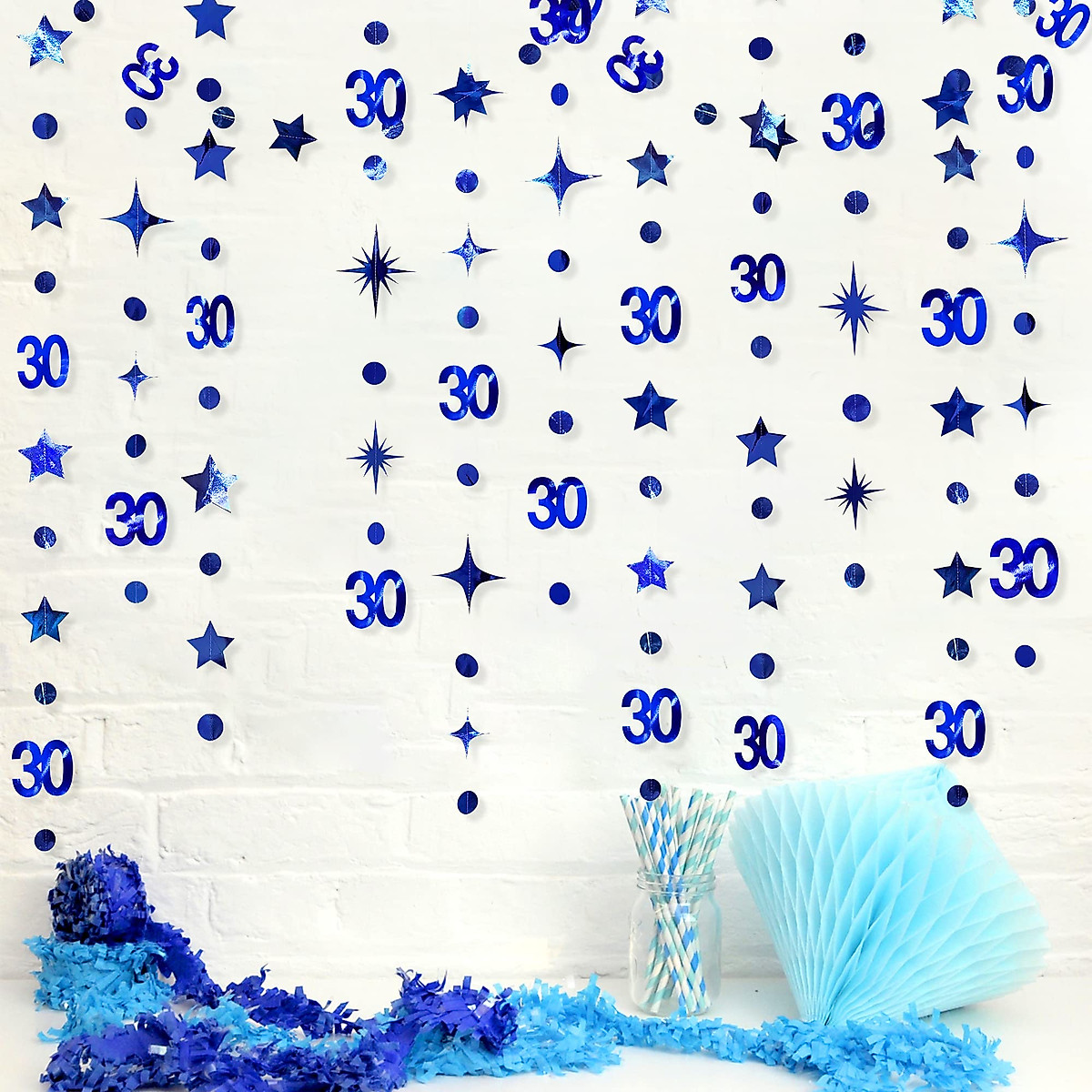 Navy Blue 30th Birthday Decorations Number 30 Circle Dot Twinkle Star Garland Metallic Streamer Bunting Banner Backdrop for Her Happy Dirty 30 Year Old Birthday Thirty Anniversary Party Supplies