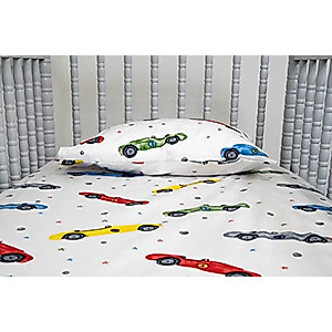 AREVENT 100% Organic Cotton Crib Sheet Set (2 Pieces)– Car Print Kids Bedding Set – GOTS Certified, Made in USA, 250 Thread Count (Crib/Toddler Sheet Set, Cars)