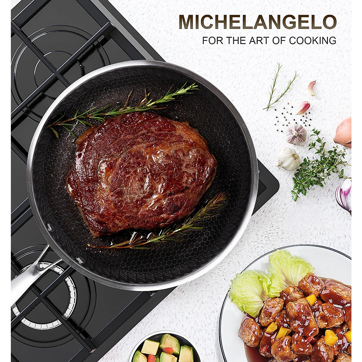 MICHELANGELO Premium Stainless Steel Saucepan Set 1Qt & 2Qt,10 Inch Stainless Steel Frying Pan with Lid
