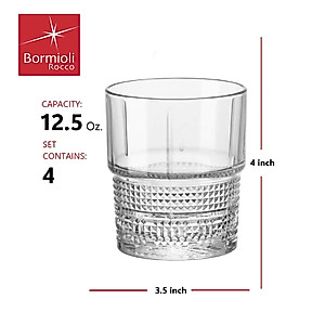 Bormioli Rocco Novecento Barware DOF Glass, Stackable, Set Of 4, 12.5 oz, Clear, Vintage Design, Made In Italy.